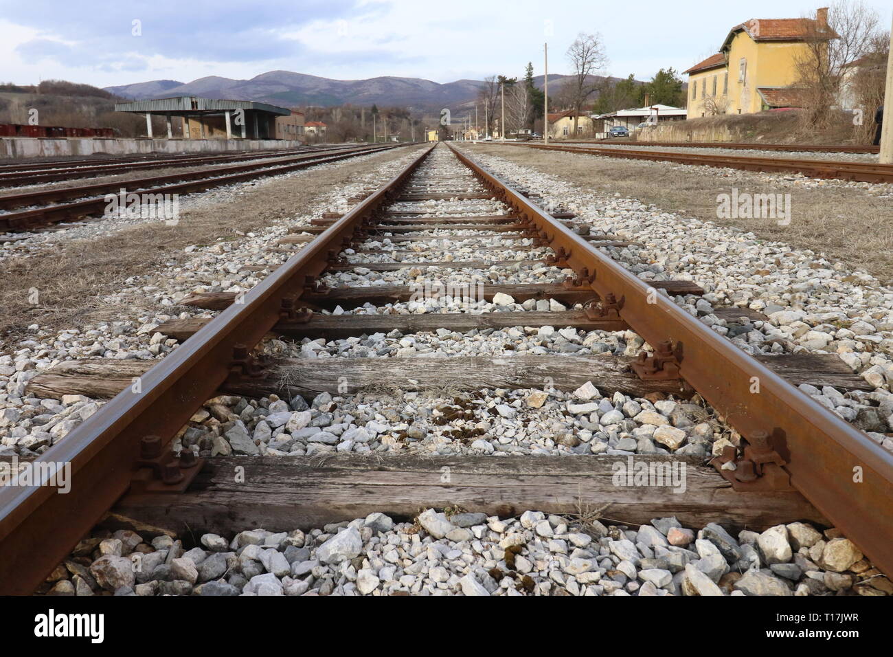 Top view on Train Tracks. Close up of train tracks. Railway close up ...
