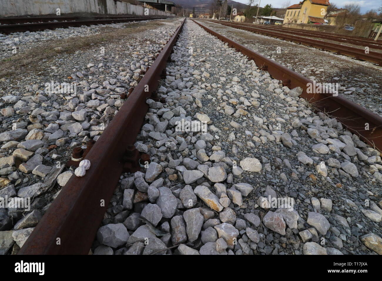 Top view on Train Tracks. Close up of train tracks. Railway close up ...
