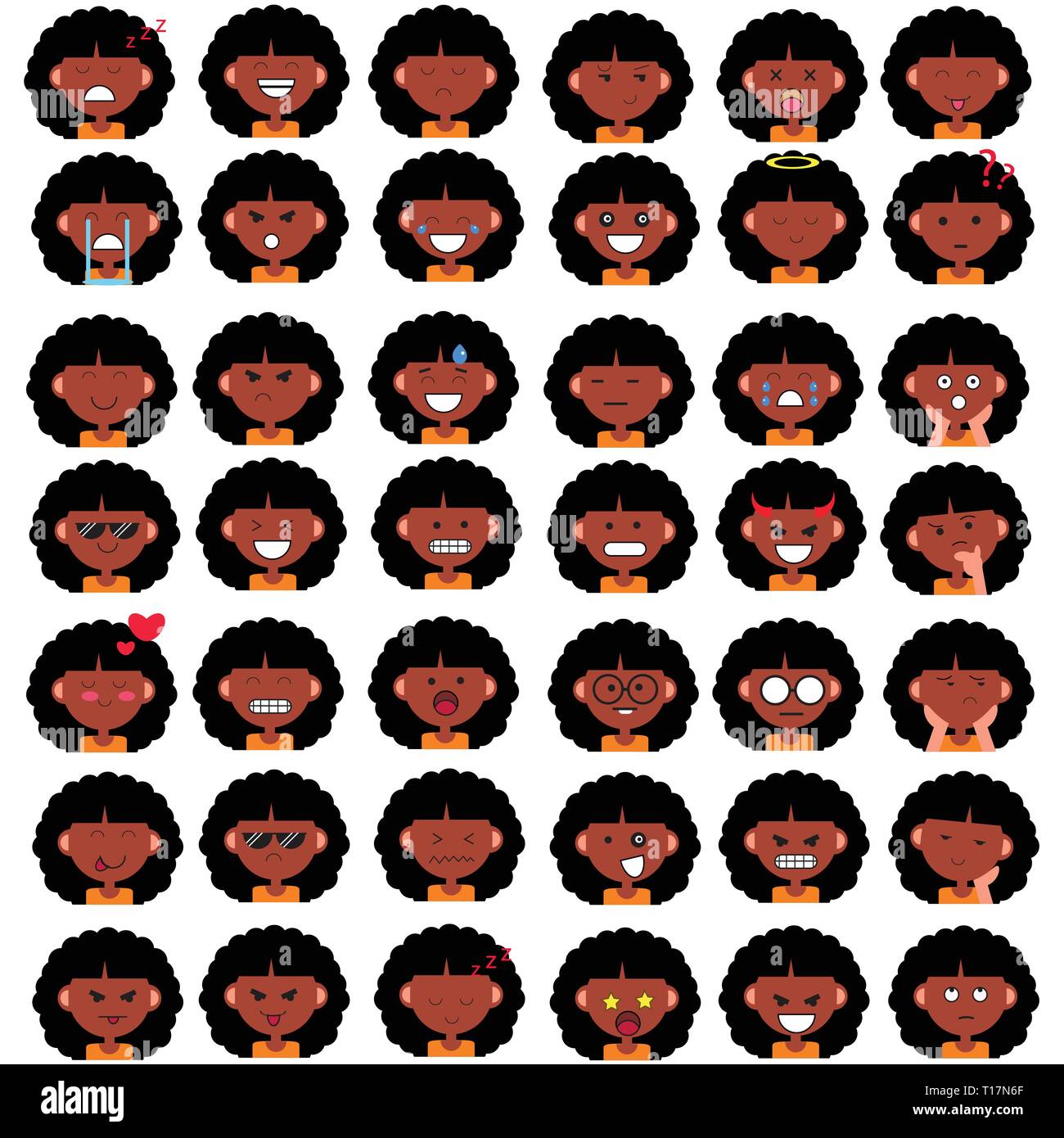 Illustration of cute African American girl faces showing different ...