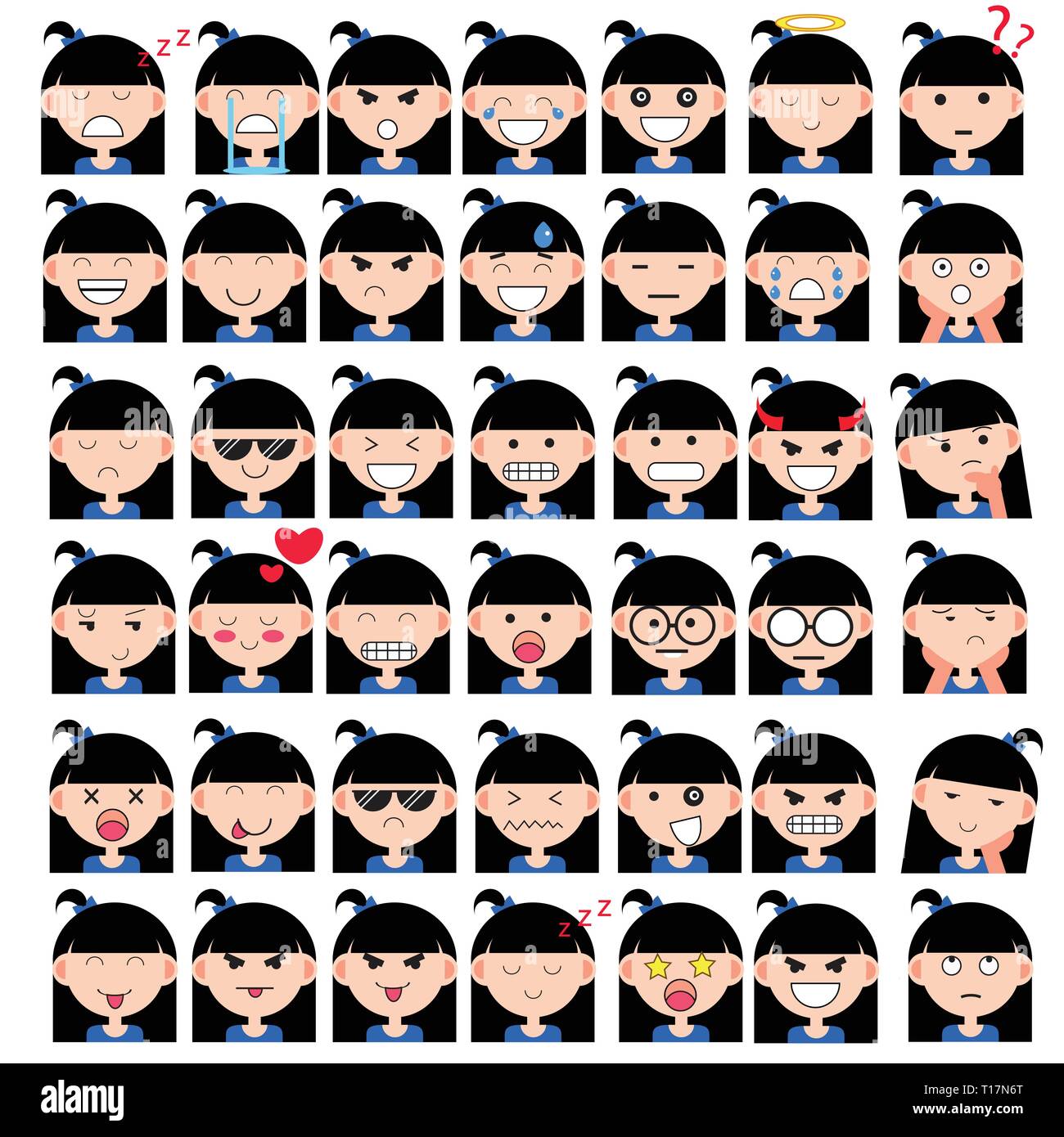 Illustration of asian cute girl faces showing different emotions. Joy ...
