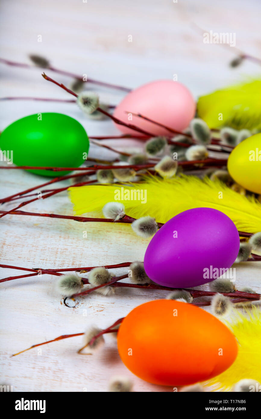 Easter still life with Easter eggs and willow. Easter greeting card ...