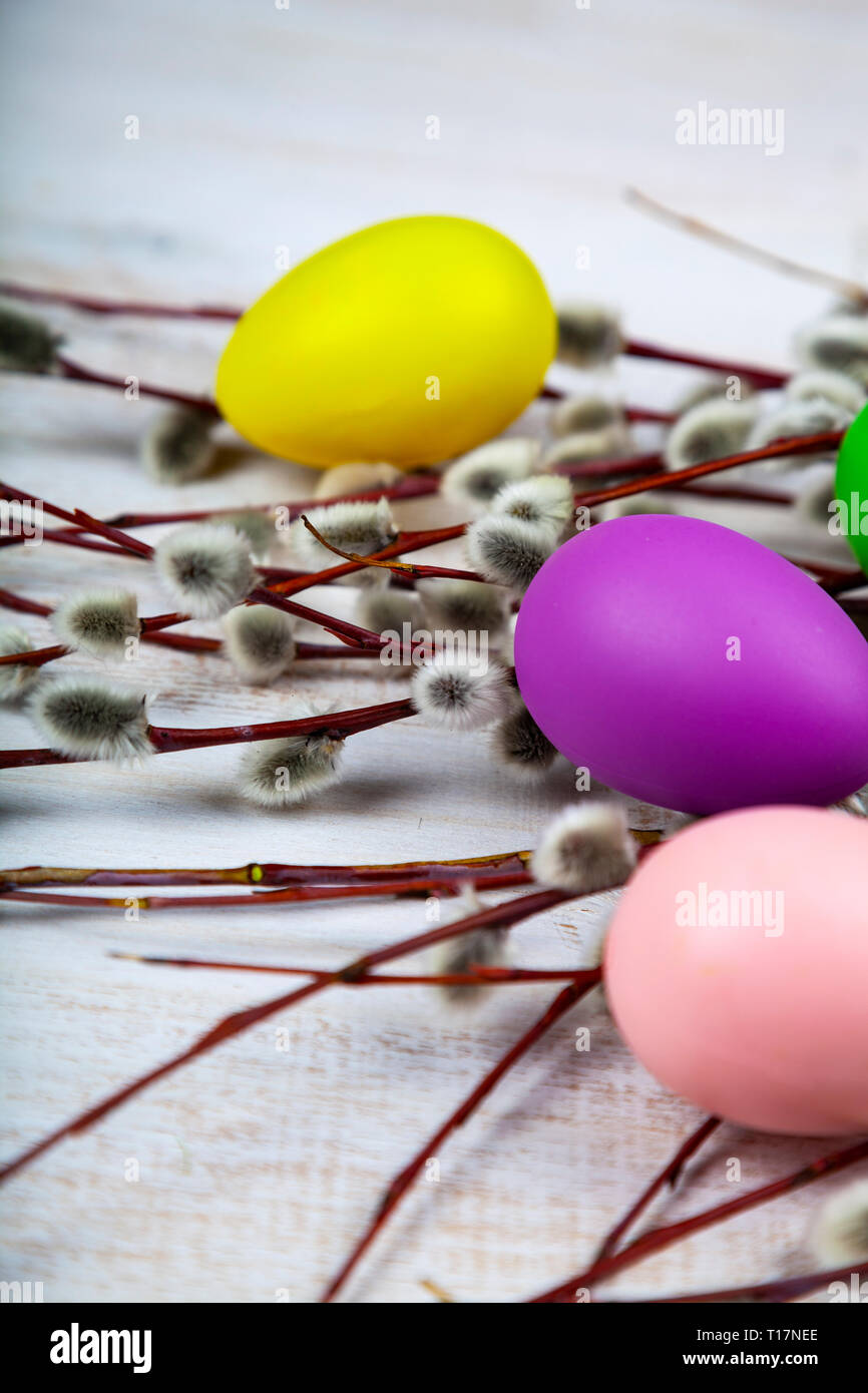 Easter still life with Easter eggs and willow. Easter greeting card ...