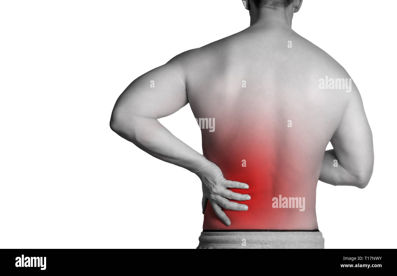 Muscle man with pain in his back. Red color zone is the pain. Medical ...