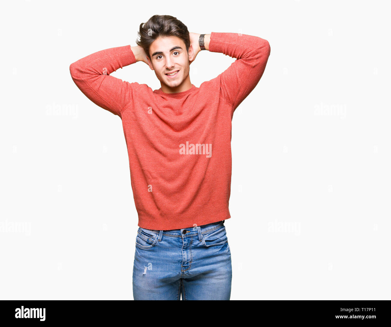 Young handsome man over isolated background Relaxing and stretching ...