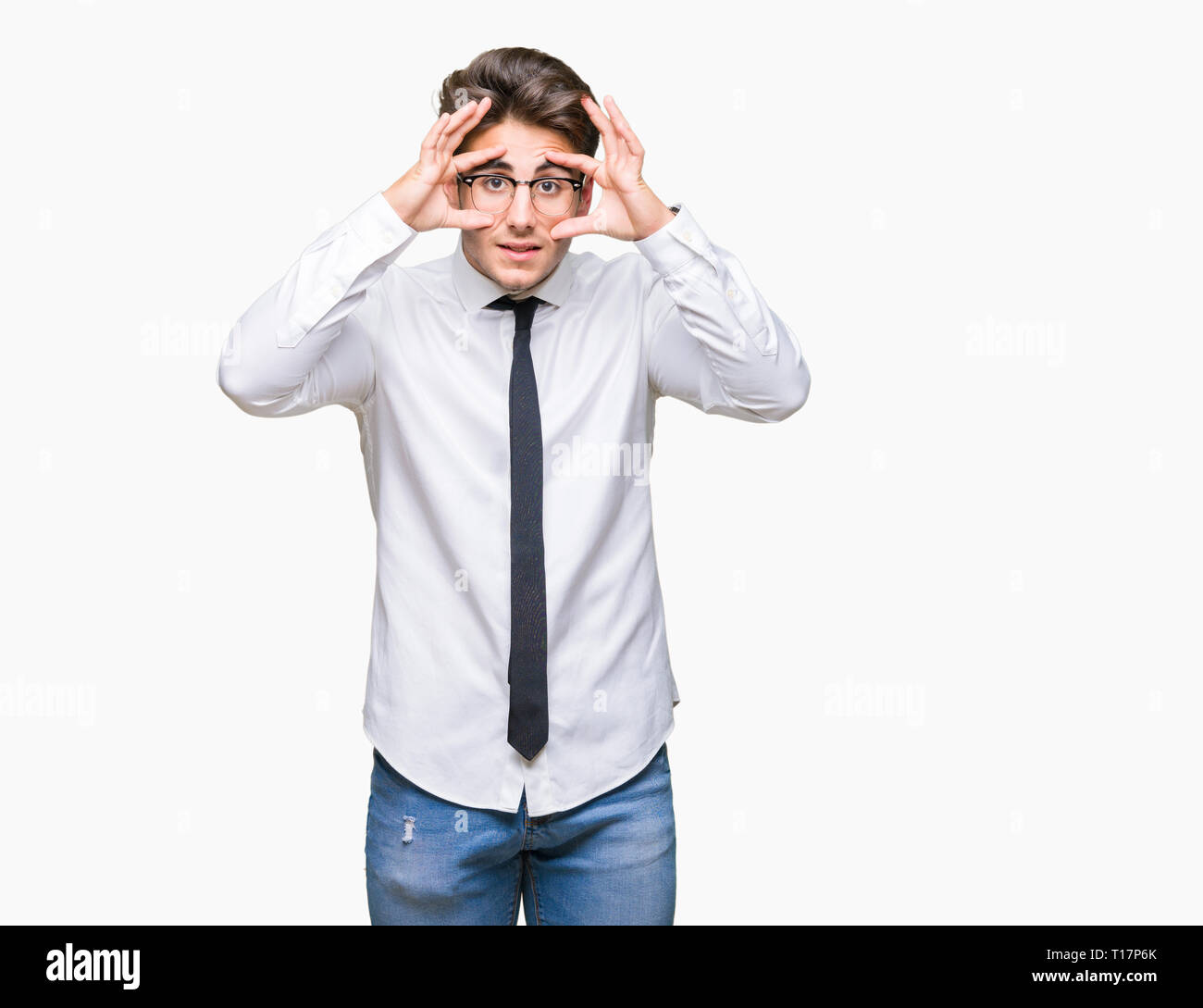 Young business man wearing glasses over isolated background Trying to ...