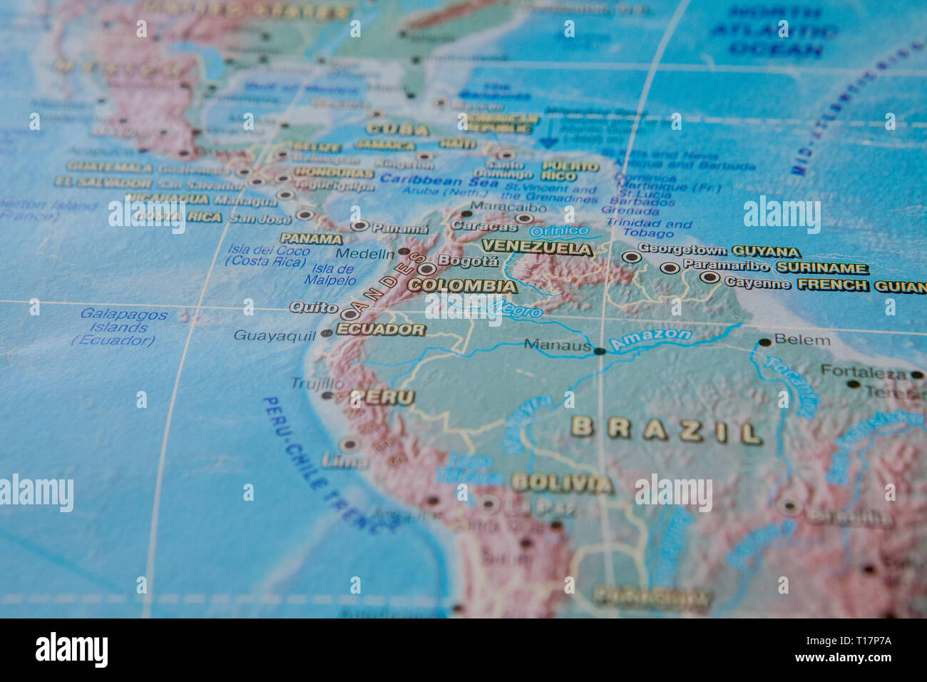 Columbia in close up on the map. Focus on the name of country ...