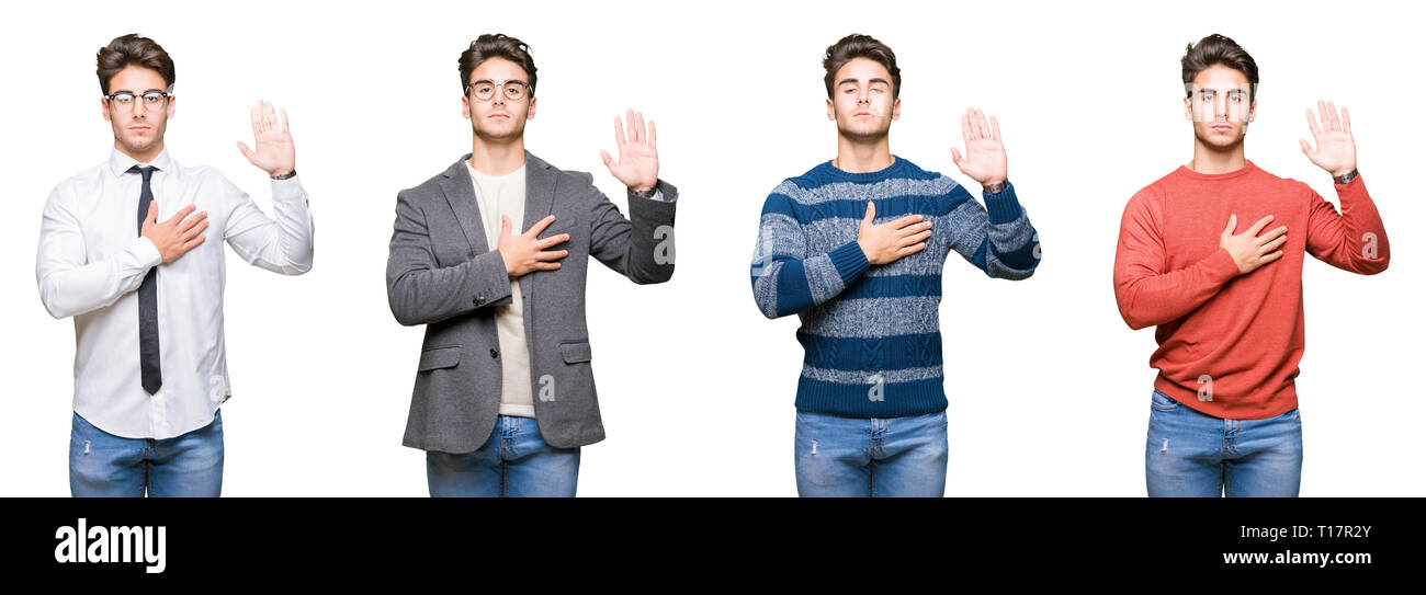 Collage of young handsome business man over isolated background ...