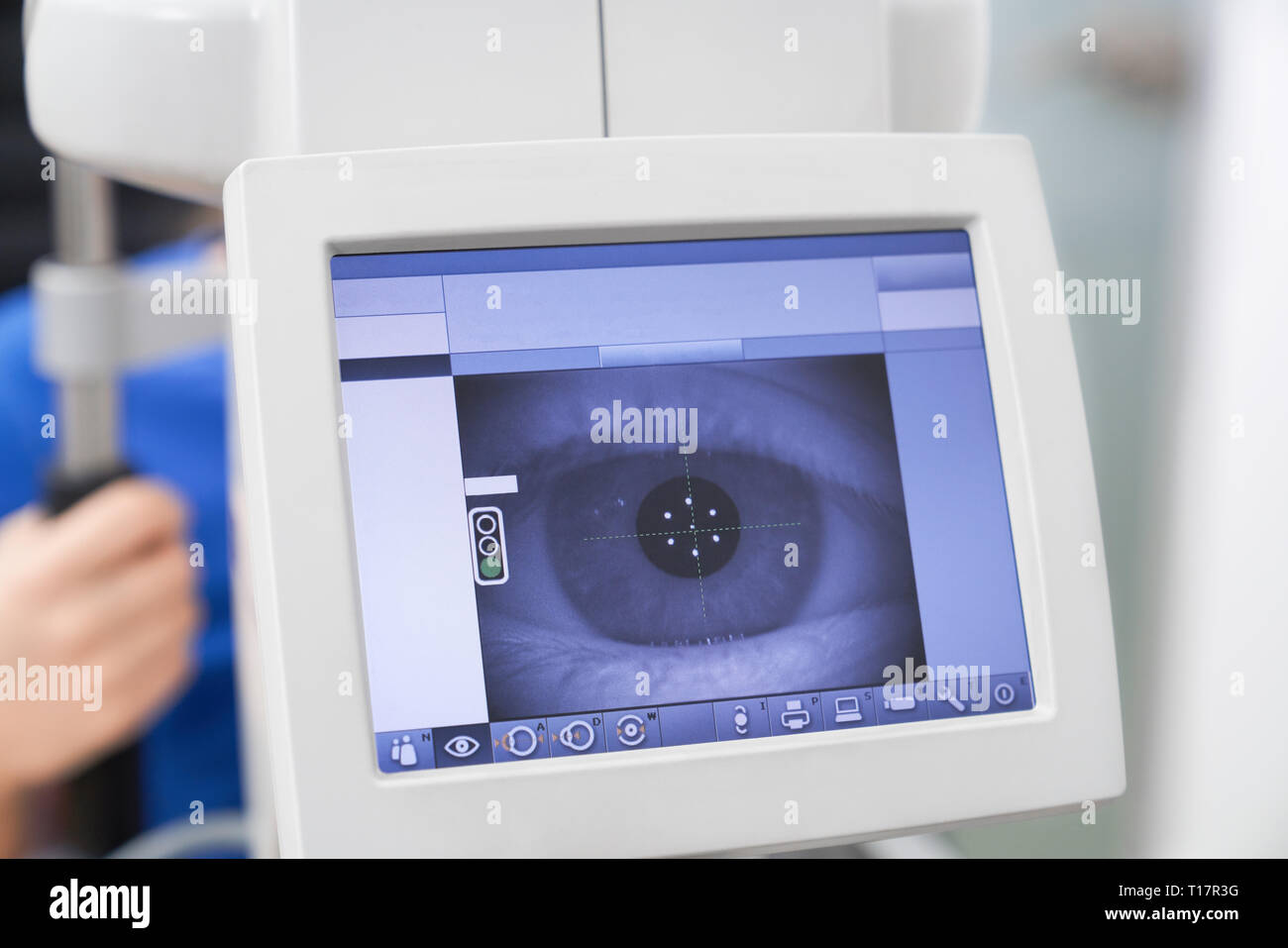 Enlarged look of eye on display. New ophthalmology equipment for ...
