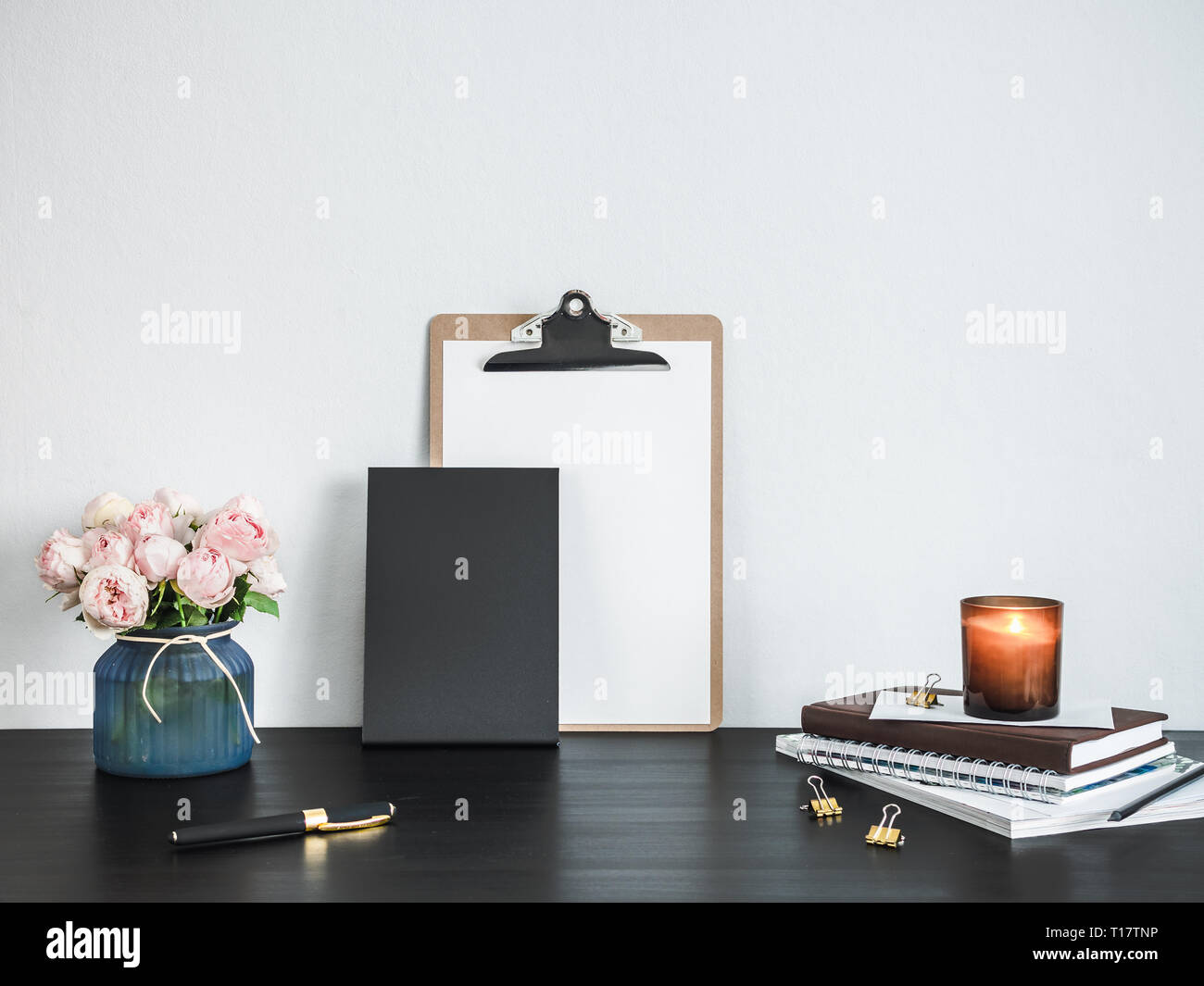 Empty chalkboard on table. Home office concept or mockup. Chalkboard ...