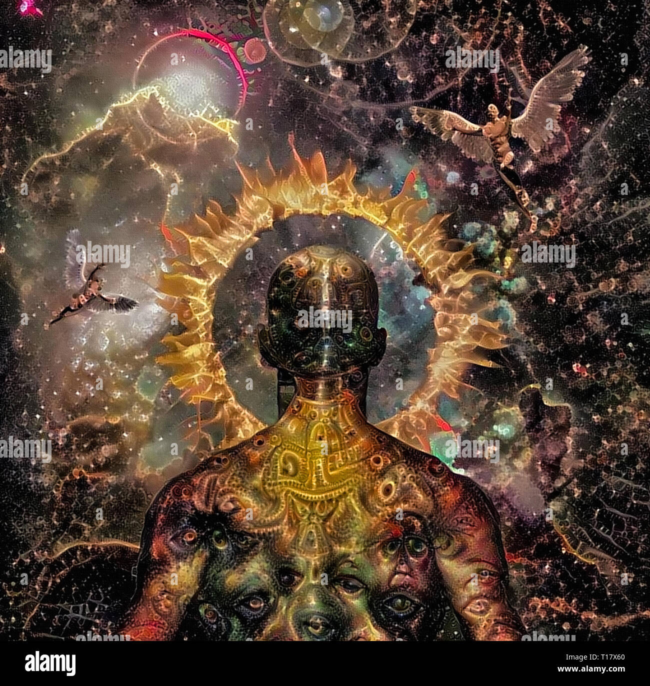 Surrealism. Angels soars in space. Man with ring of fire around head ...