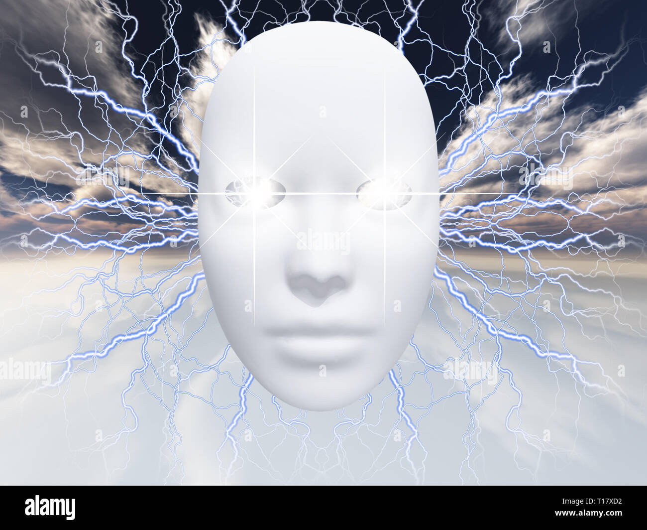 Mystic face hovers in the surreal landscape Stock Photo - Alamy