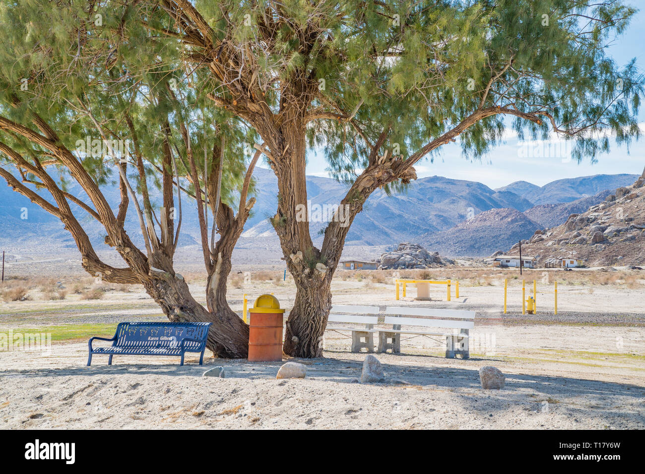 Bus stop along the bus route outside of the town of Trona, California ...