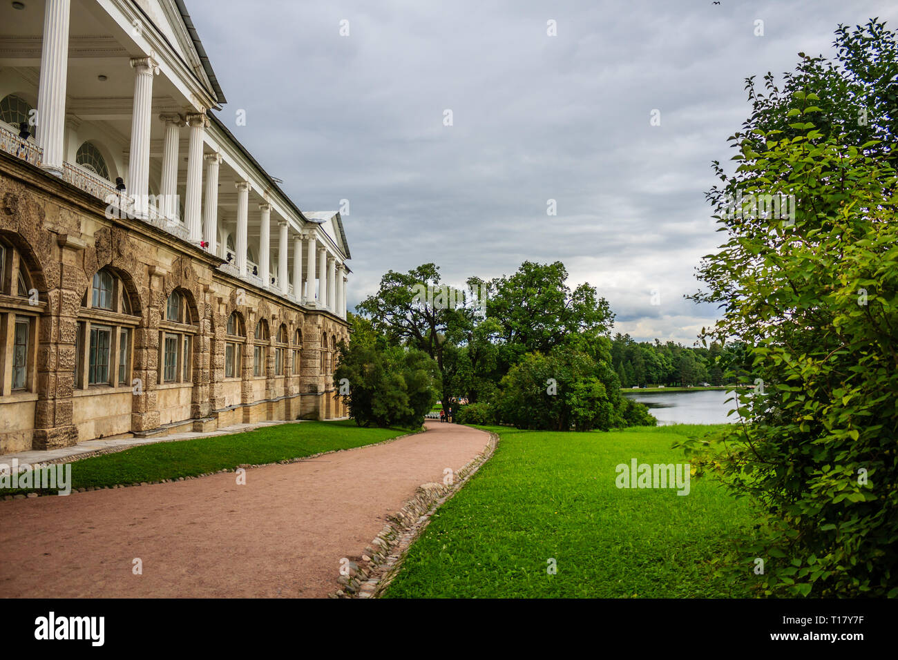 Summer paths of the park. Green alleys. Grass, foliage, trees. Bright ...
