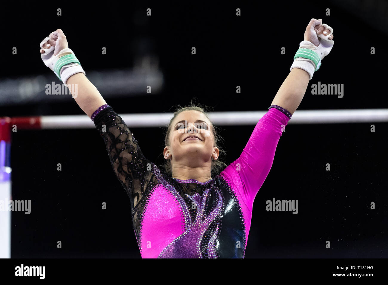 London, UK. 23rd Mar, 2019. Eli Seitz performs Women's Uneven Bars ...