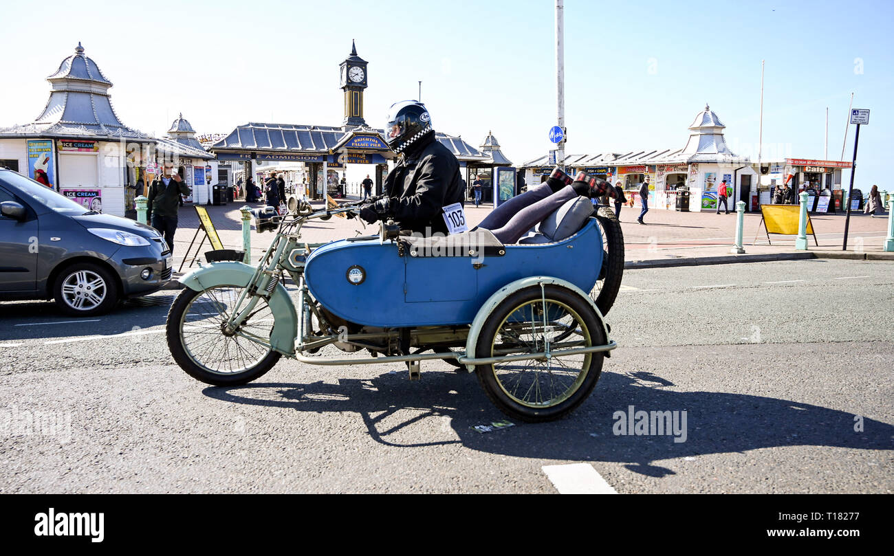Brighton, UK. 24th March 2019. Frank Mace on his 1912 Clyno motorcycle ...