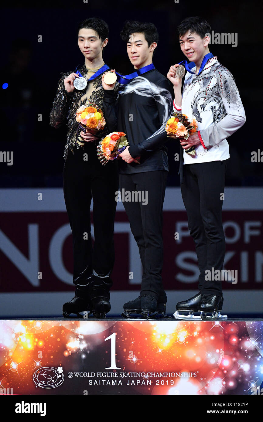 (L-R) Yuzuru Hanyu (JPN), Nathan Chen, Vincent Zhou (USA), MARCH 23, 2019 - Figure Skating : ISU ...