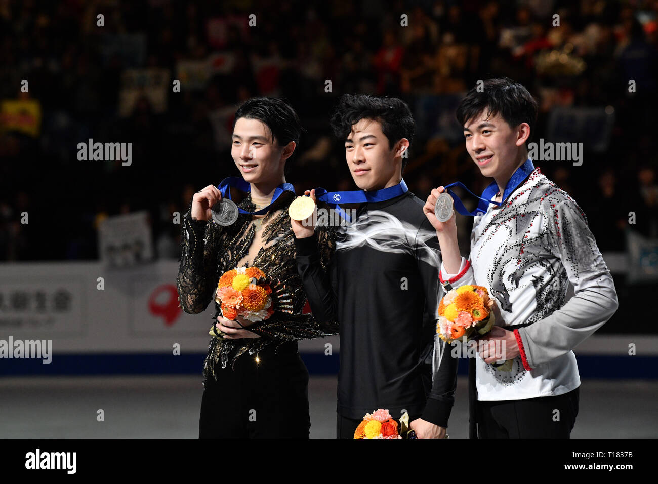 (L-R) Yuzuru Hanyu (JPN), Nathan Chen, Vincent Zhou (USA), MARCH 23, 2019 - Figure Skating : ISU ...