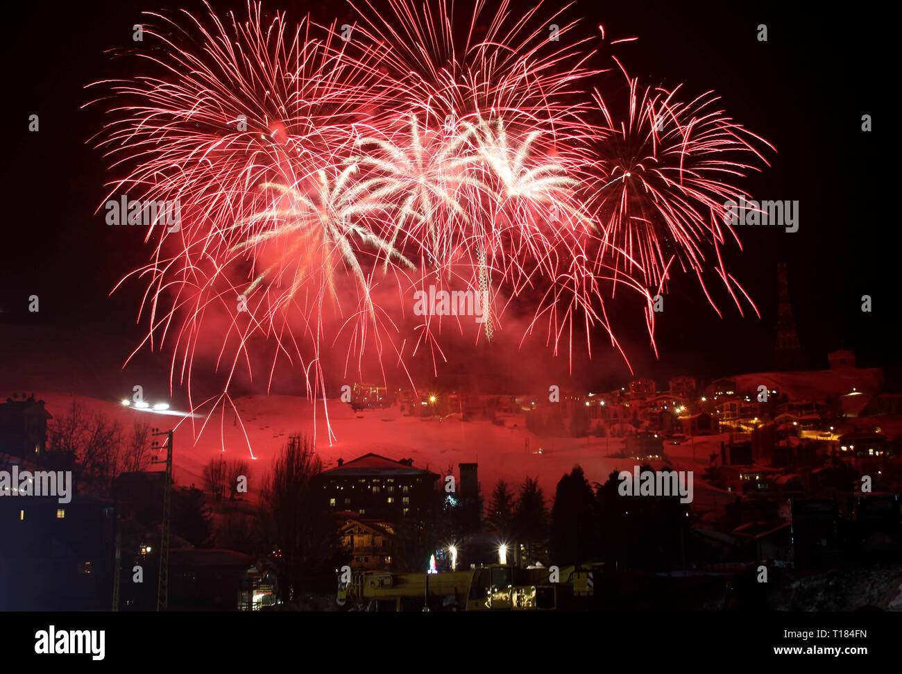 Beirut, Lebanon. 23rd Mar, 2019. Fireworks illuminate the sky as people ...