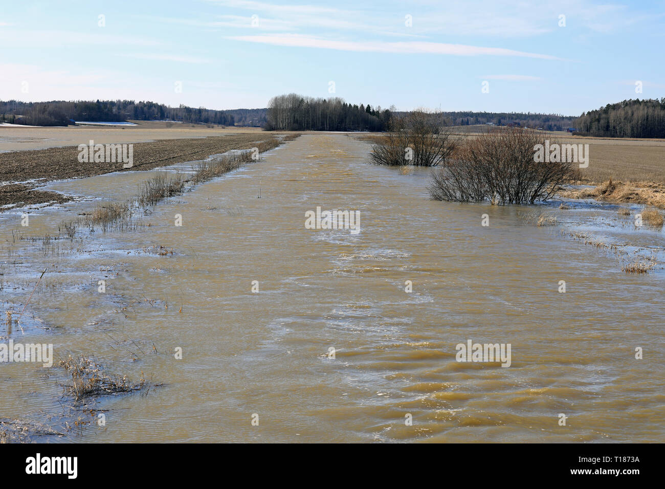 Tuohittu, Salo, Finland. March 24, 2019. Spring flooding of Muurlanjoki ...