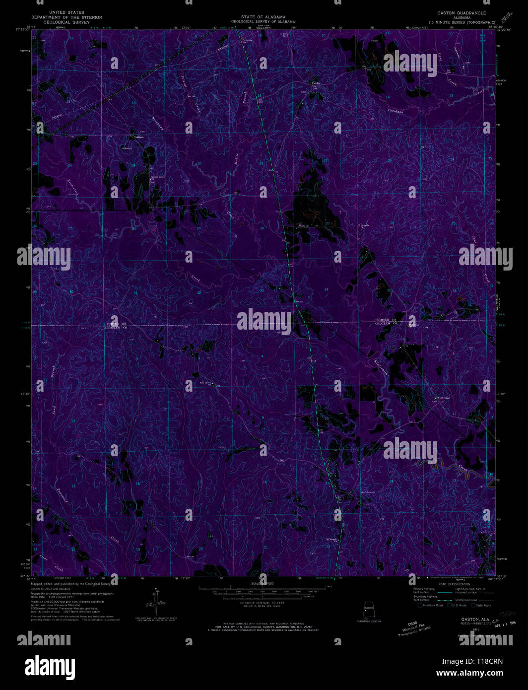 USGS TOPO Map Alabama AL Gaston 303947 1971 24000 Inverted Stock Photo ...
