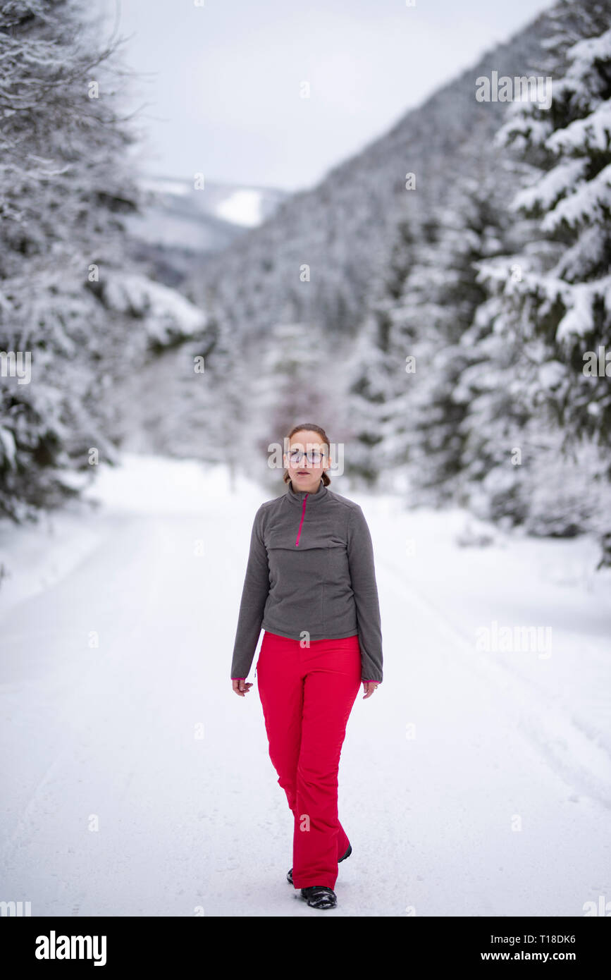 Girl outdoor in national forest park without jacket enjoying the ...