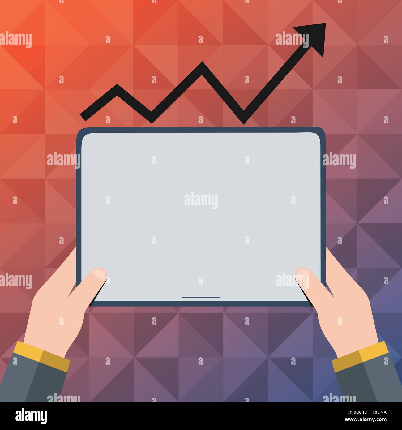 Hand Holding Blank Screen Tablet under Black Progressive Arrow Going ...