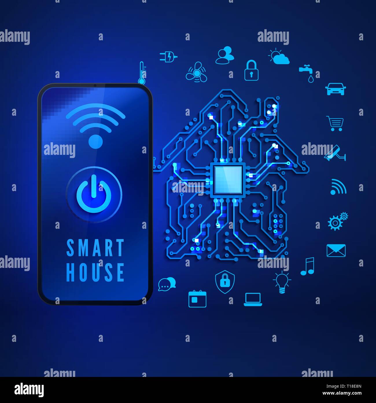 Smart home concept. Remote monitoring and control smart house from smartphone. House circuit and ...