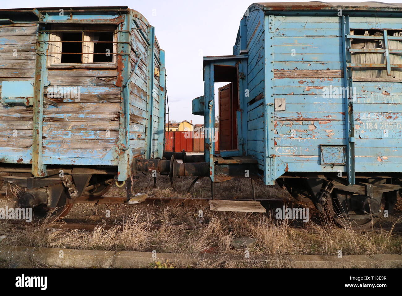Abandoned old railway wagons at station, old train wagons in an ...