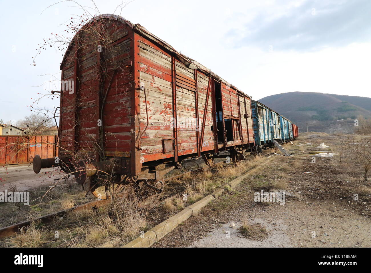 Abandoned old railway wagons at station, old train wagons in an ...
