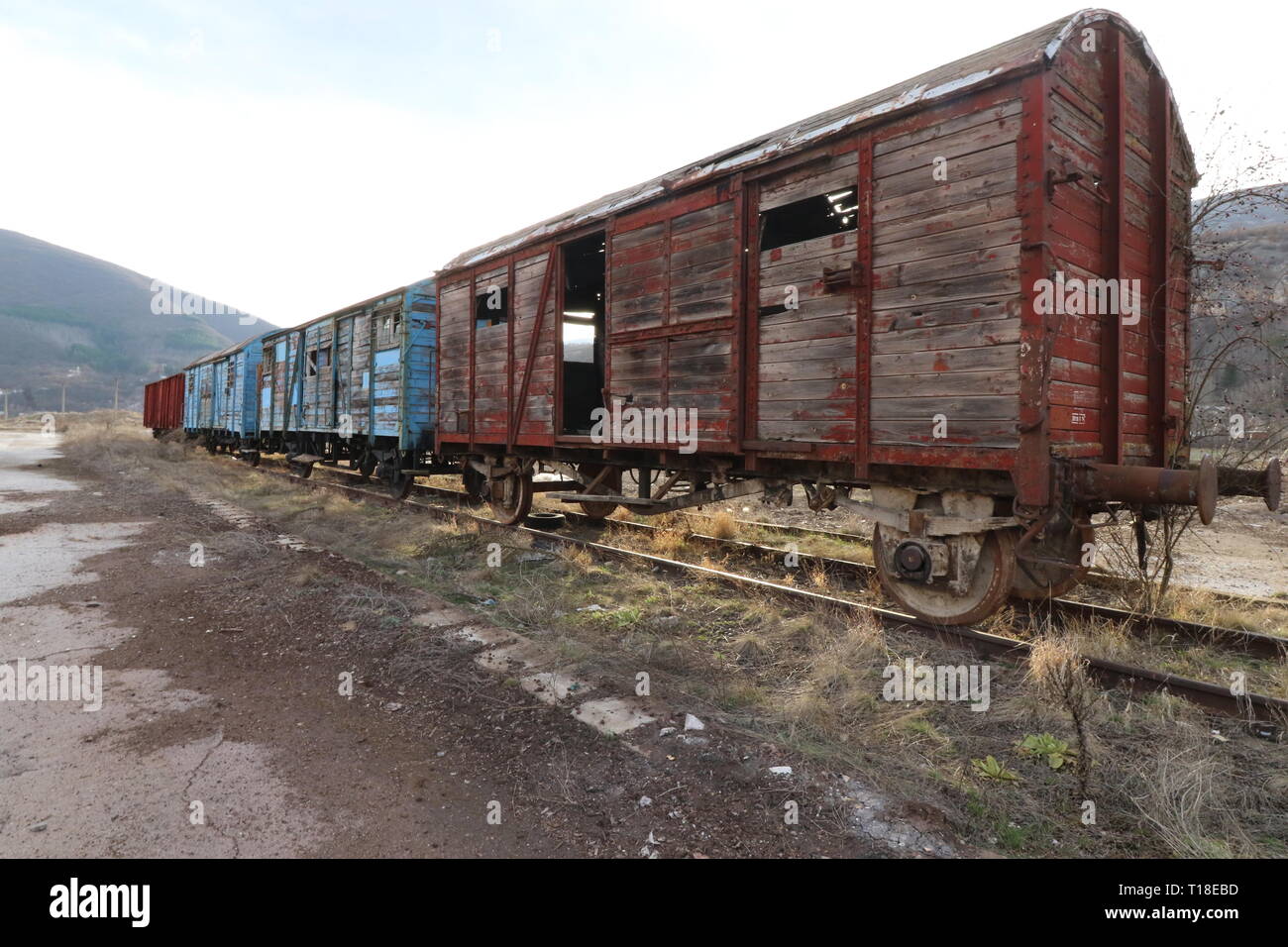 Abandoned old railway wagons at station, old train wagons in an ...