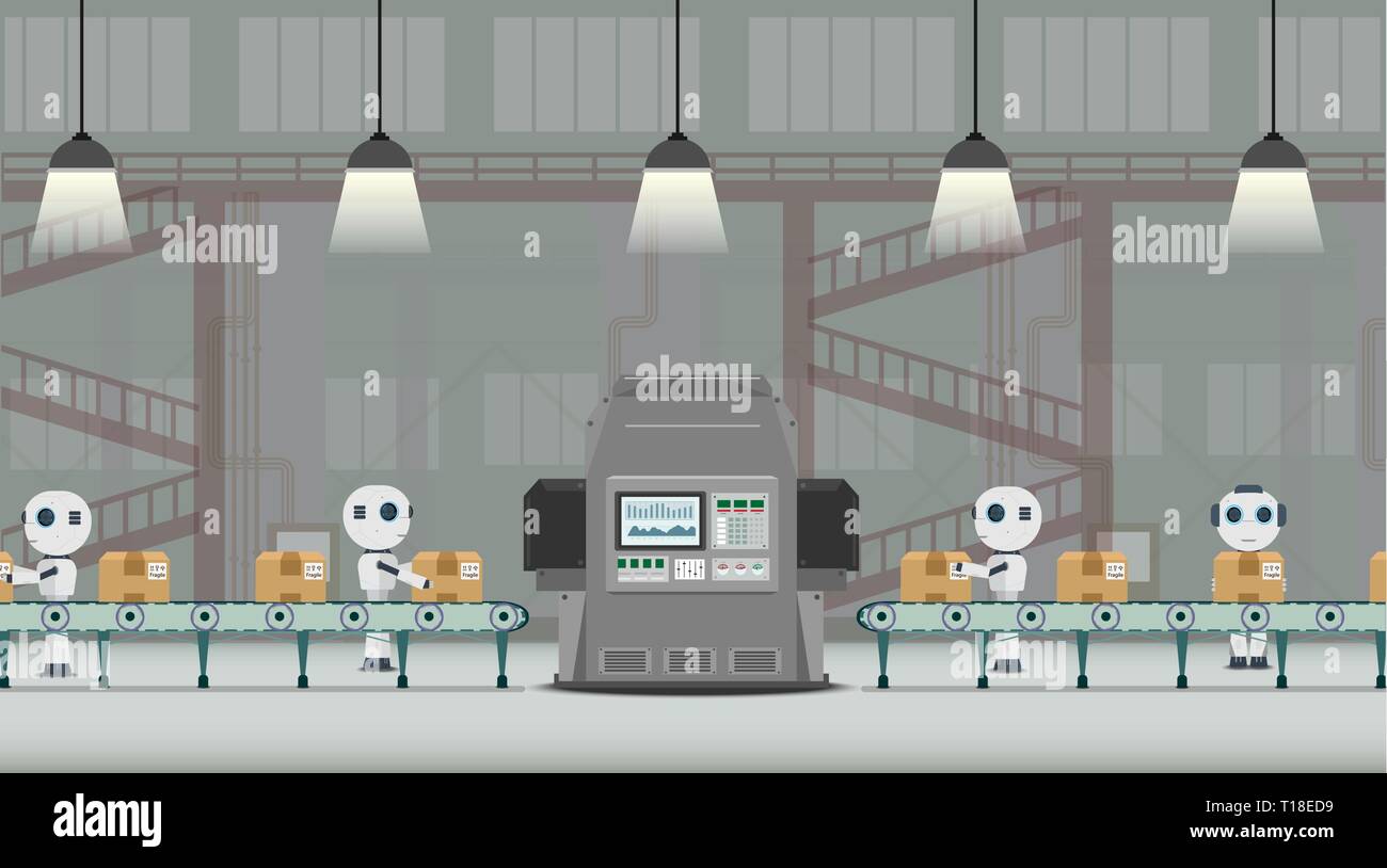 Automation factory concept with robot working flat design vector ...