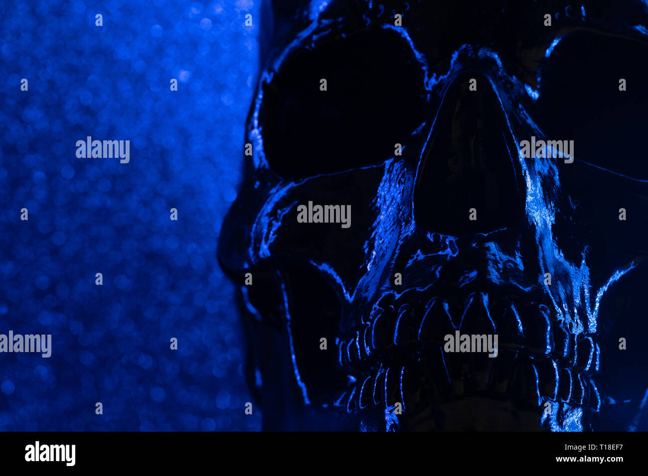 Human blue skull on dark background with bokeh. Concept of fear, death ...