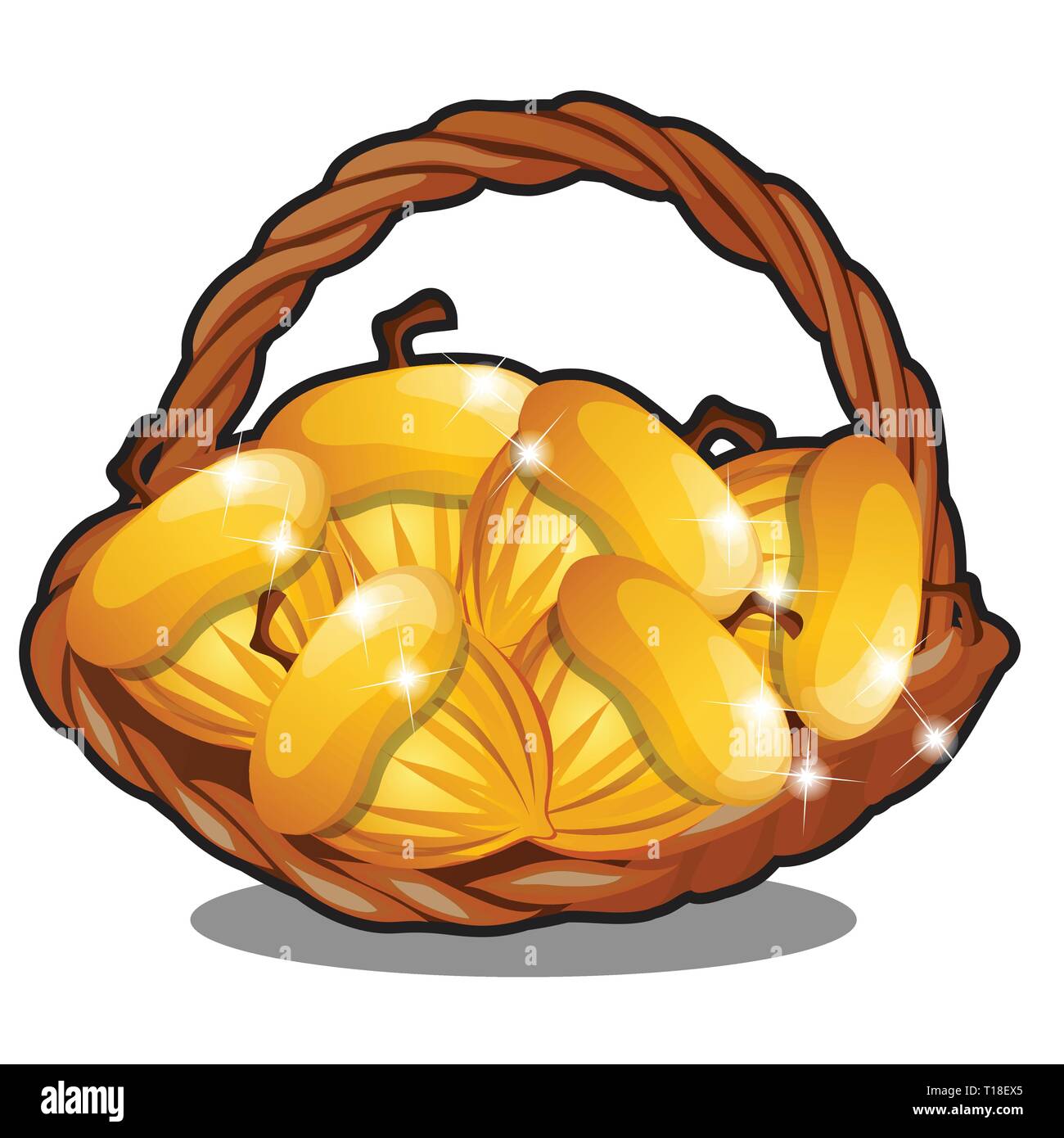 Wicker basket filled with golden nuts isolated on white background. The ...
