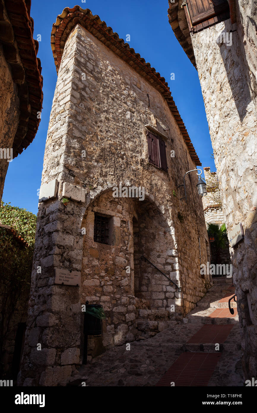 France, medieval Eze village, traditional narrow and unique stone house ...