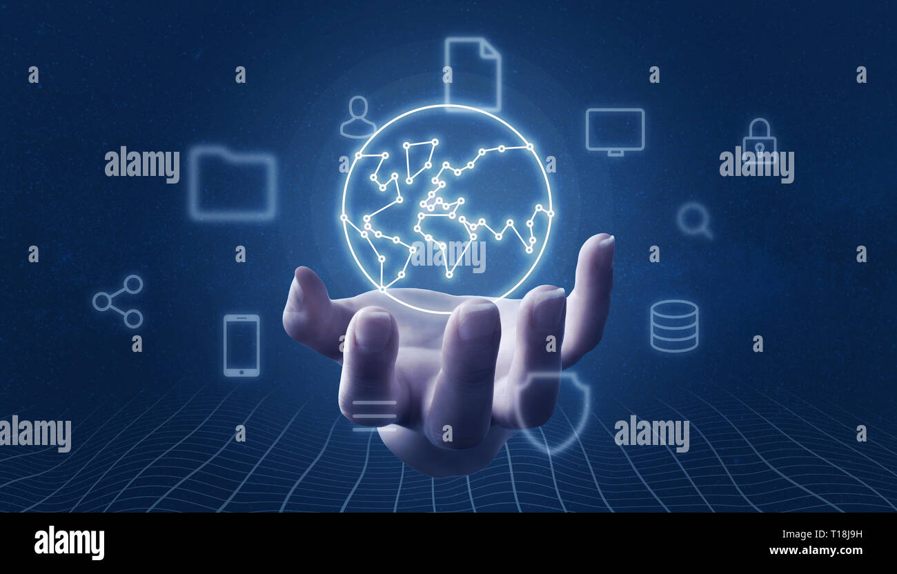 Hand holding globe concept with network threads surrounded with ...