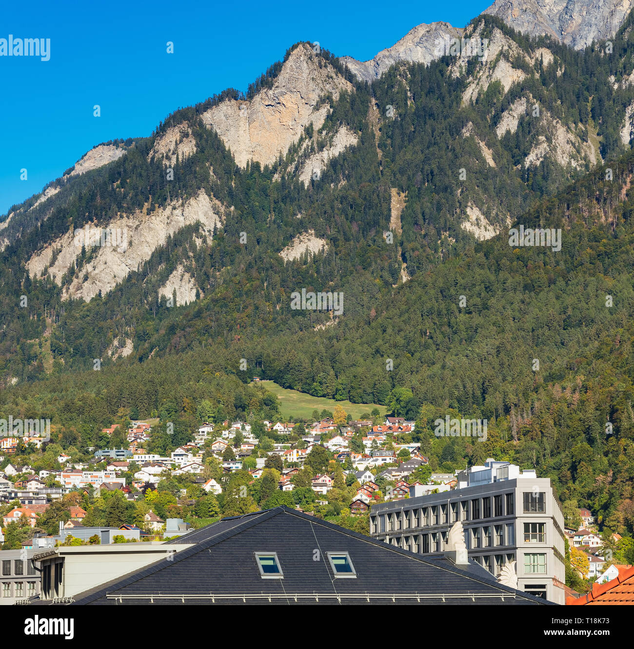 Summits of the Alps as seen from the town of Chur in Switzerland at the ...