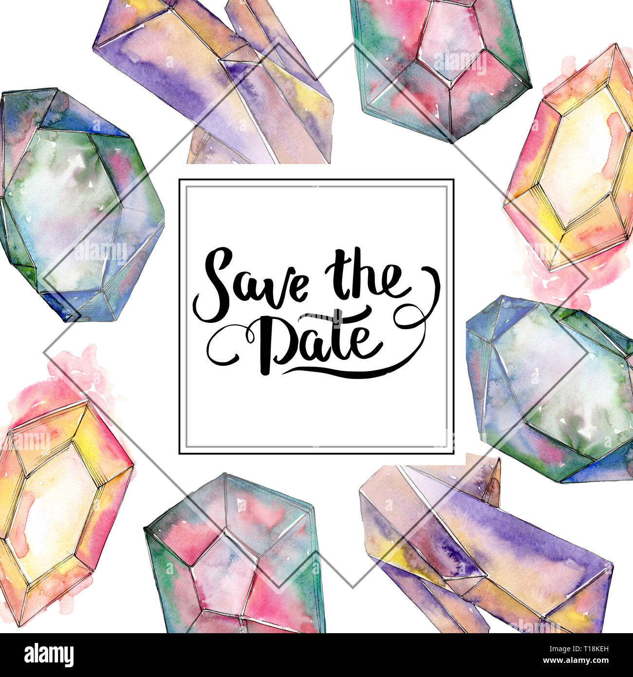 Colorful diamond rock jewelry minerals. Watercolor crystal stone ...