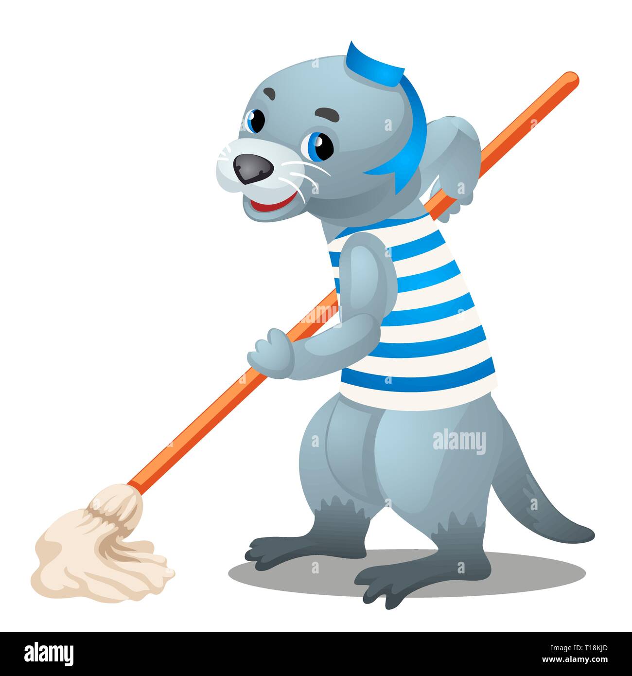 Animal sailor washes the deck of the ship isolated on white background ...