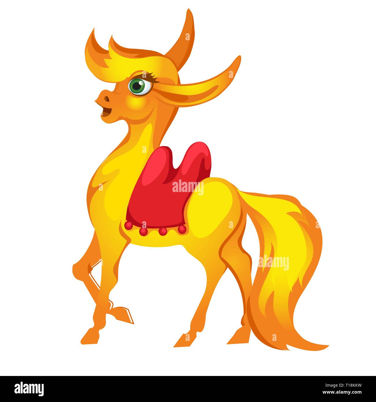 Golden statue of the humpbacked horse isolated on white background. Vector cartoon close-up ...