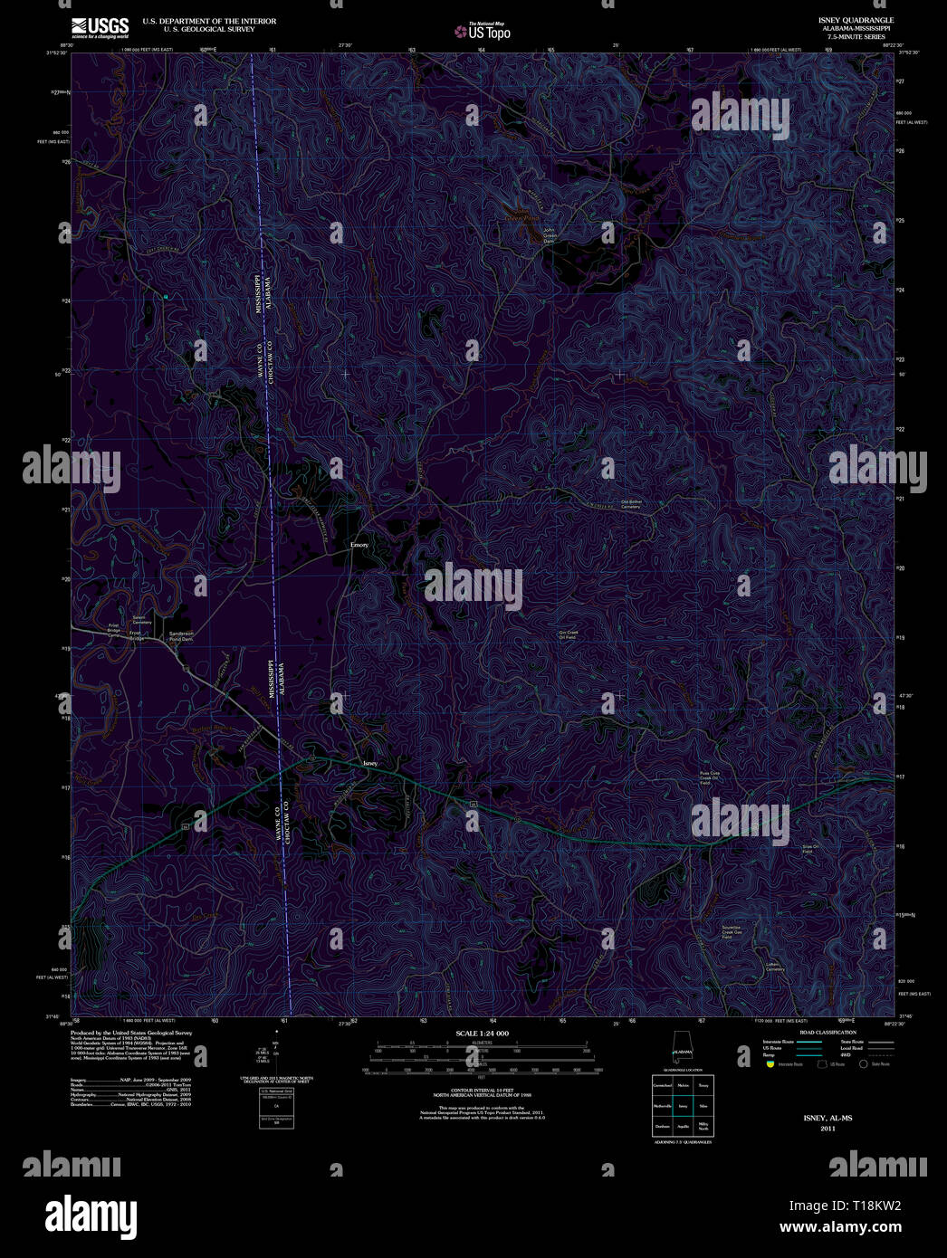 USGS TOPO Map Alabama AL Isney 20110923 TM Inverted Stock Photo - Alamy