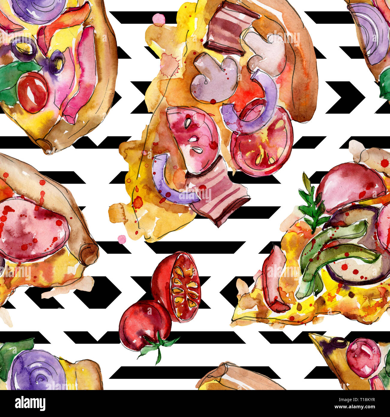 Fast food itallian pizza in a watercolor style isolated set ...