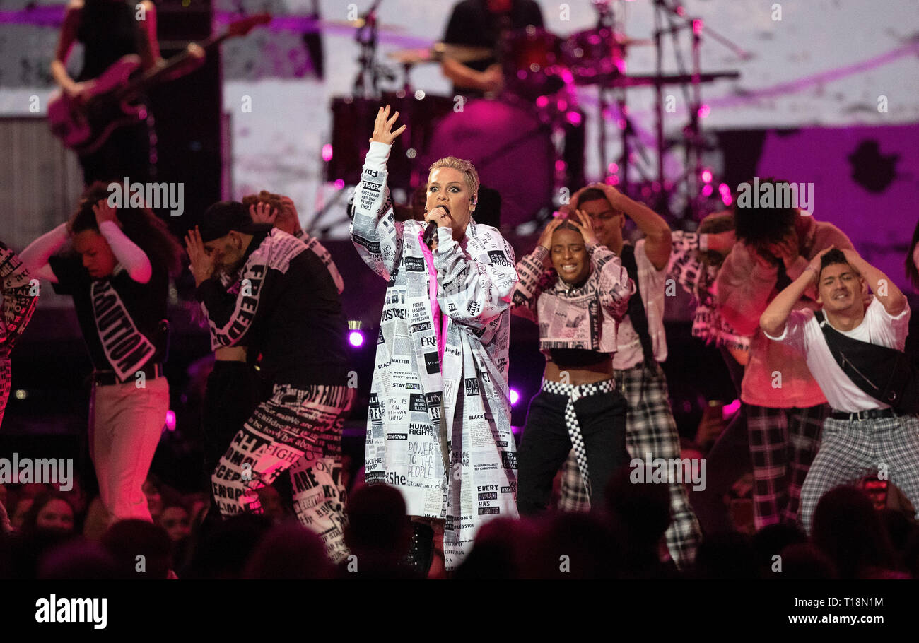 Pink performs on stage at Brits Live Show 2019 at the 02 Arena in ...