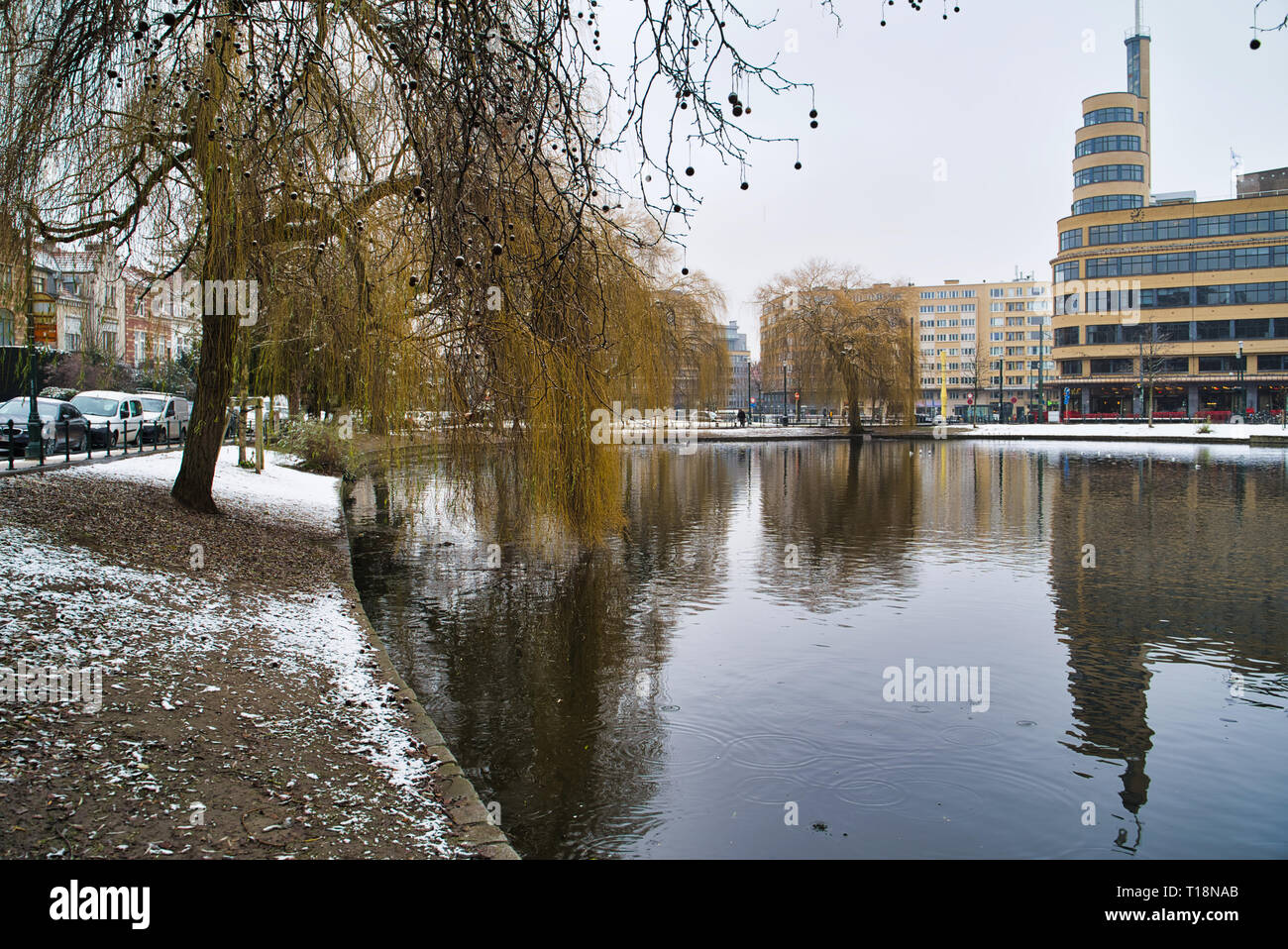 BRUSSELS, BELGIUM - JANUARY 30, 2019: Lake and trees along the shore ...