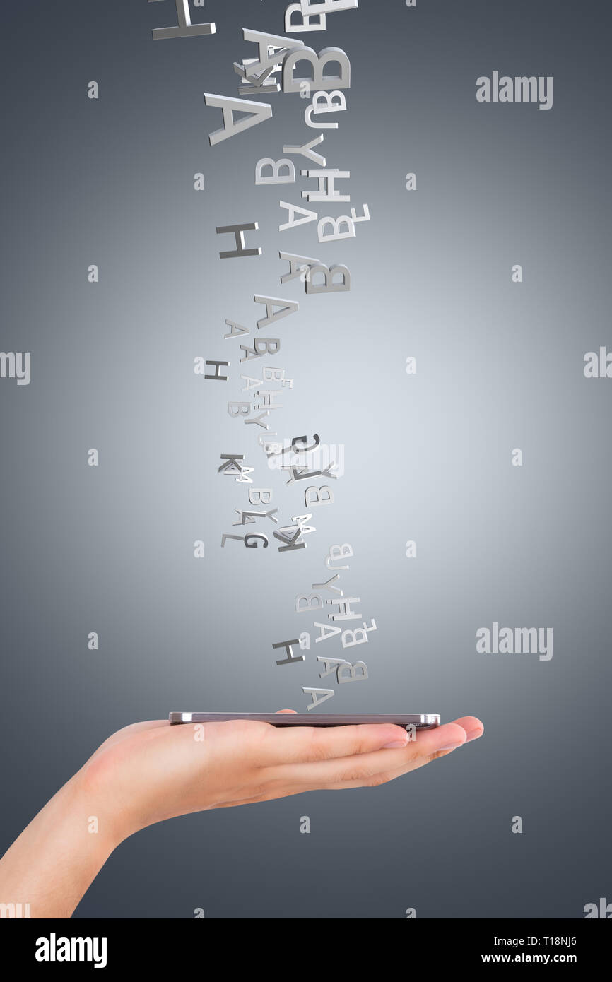 Hand holding smart phone and latin alphabet letters flying around Stock ...