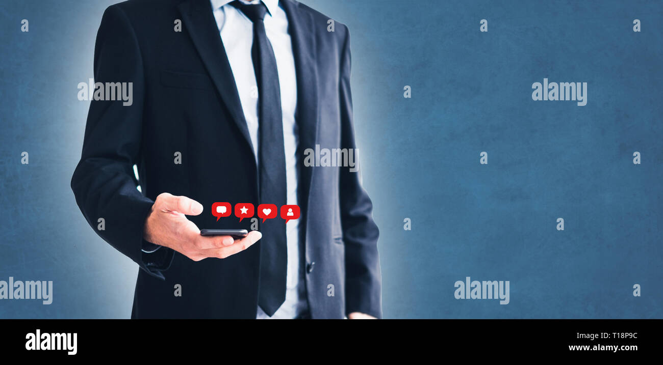 social media notification, man holding mobile phone, businessman using ...