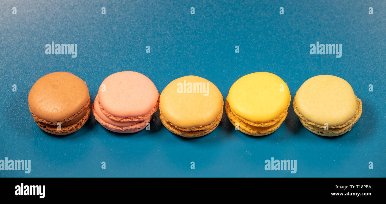 Colorful french macarons isolated on blue background. Pastel colors ...