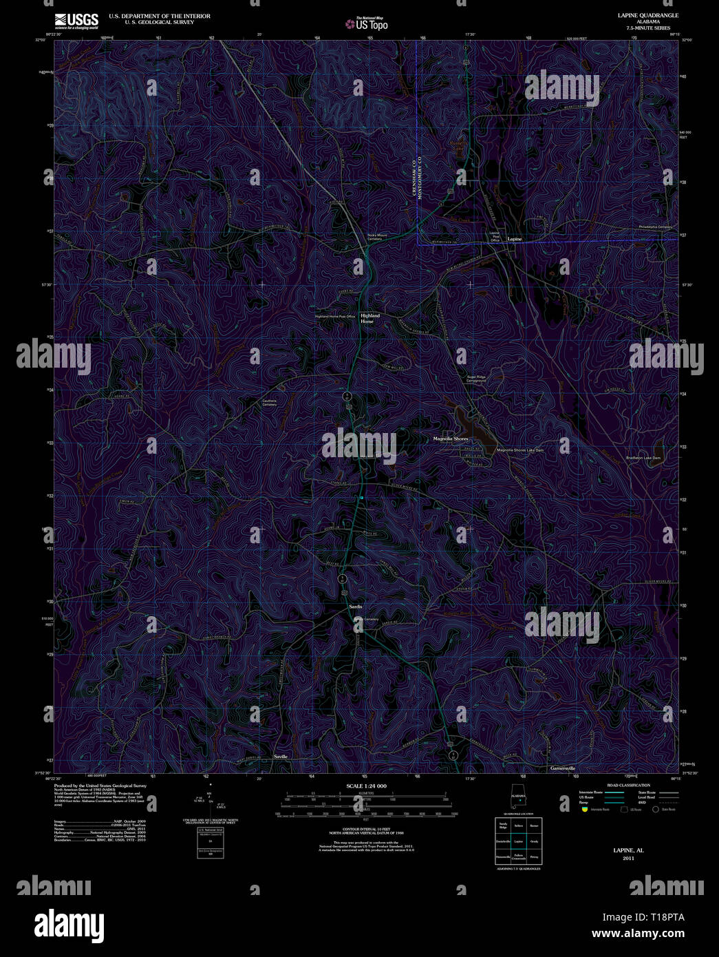 USGS TOPO Map Alabama AL Lapine 20110915 TM Inverted Stock Photo - Alamy