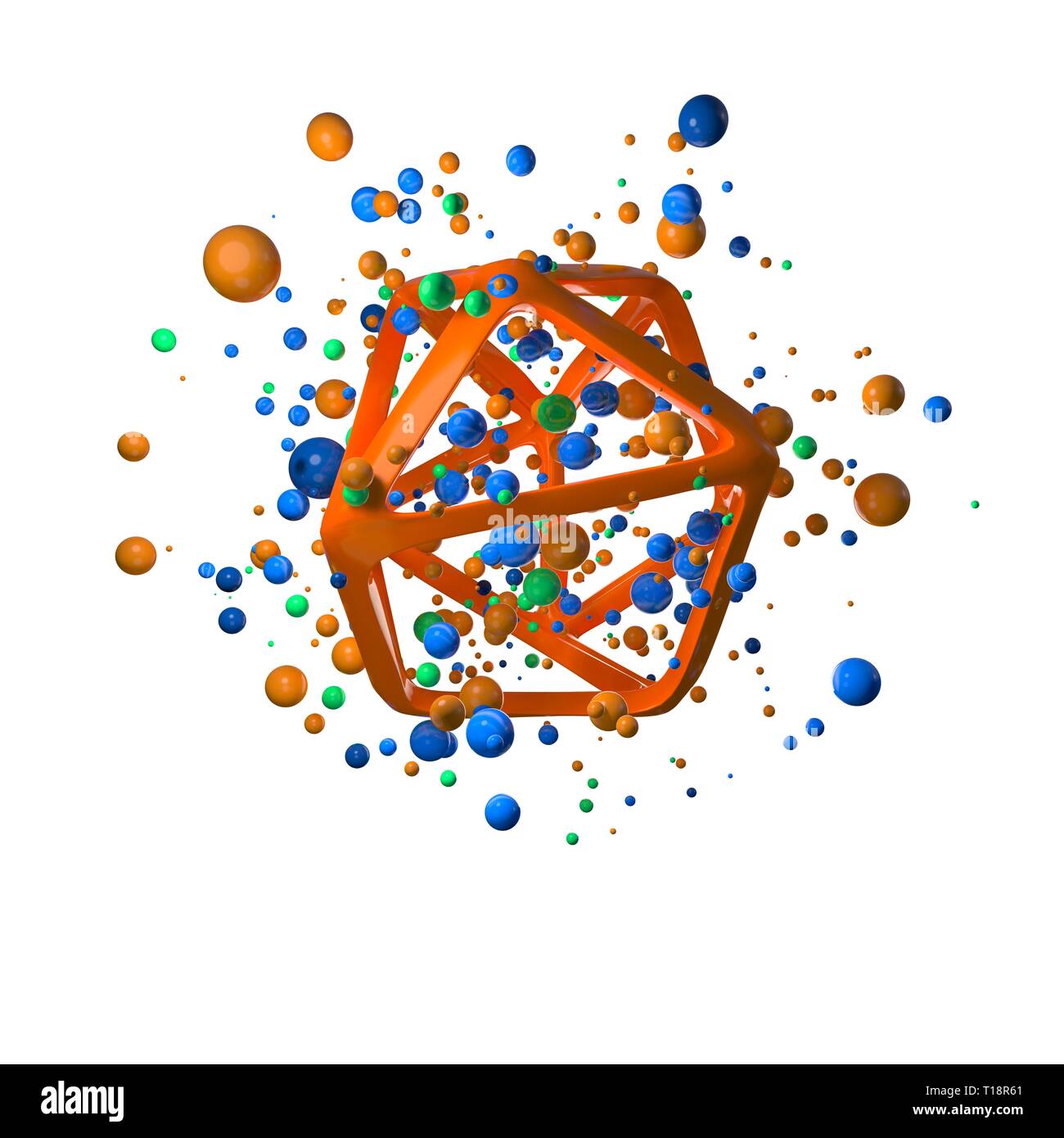 3d illustration of flying realistic primitives. Spherical shapes in ...