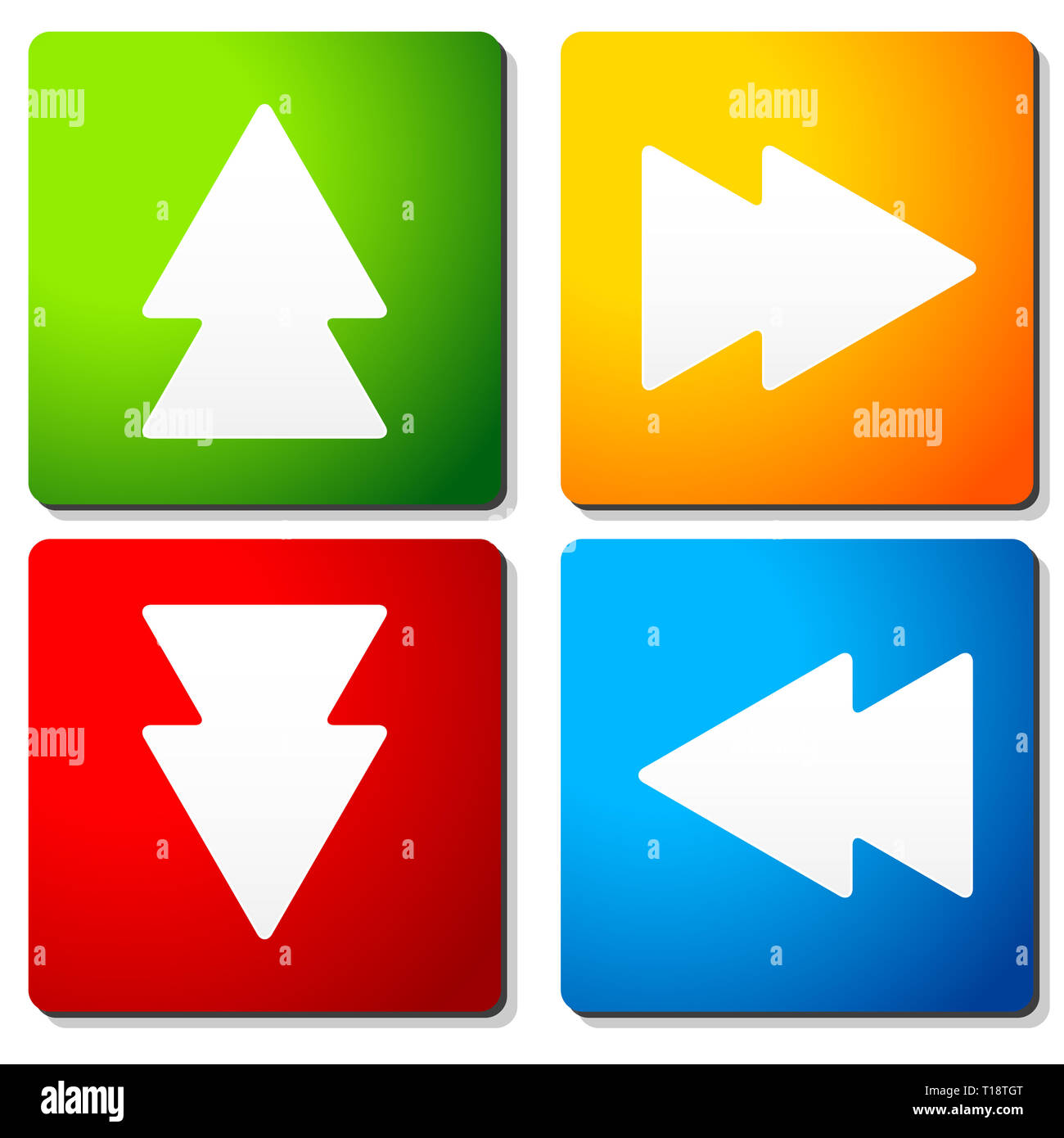 Double arrow symbols on colorful squares. Arrow buttons, arrow icons ...