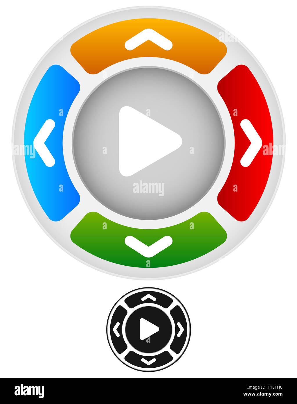 Arrows in four direction with play button at center Stock Photo - Alamy